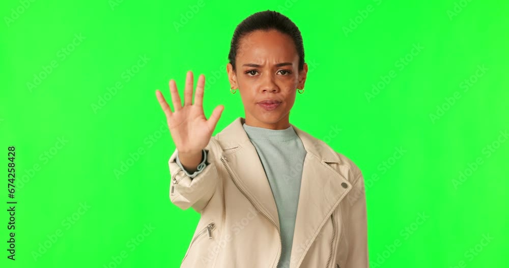 Hand, stop with sign and angry woman on green screen, caution and ...