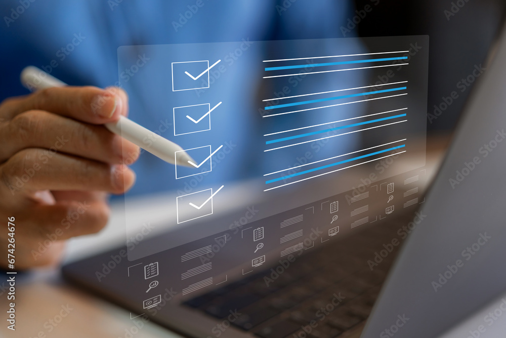 Human use laptop checking mark on checklist, survey, form, check mark ...