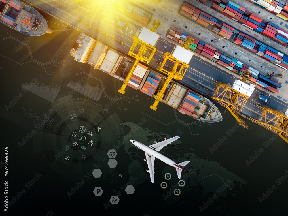 Aerial view and top view cargo plane flying above ship port coverage ...