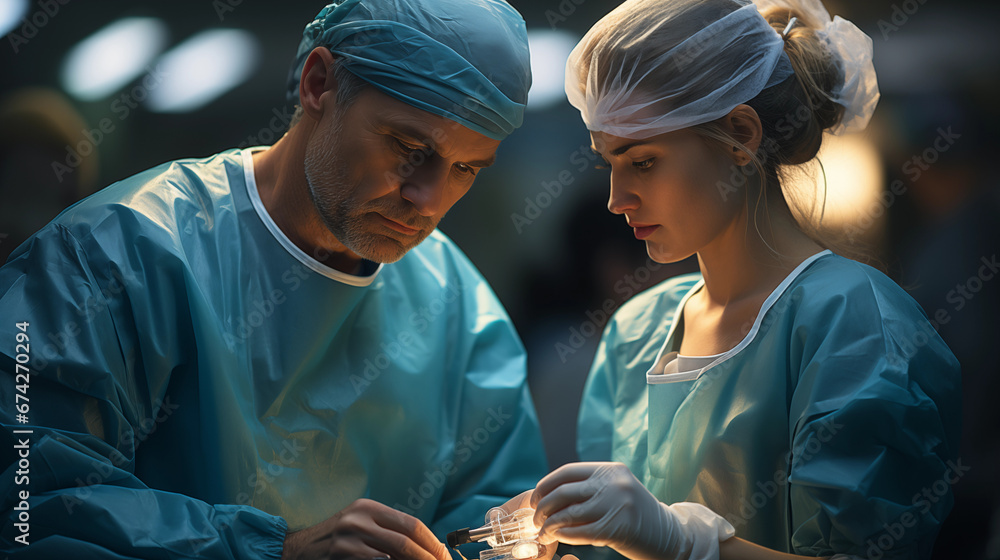 Surgeons performing operation in operation theater. breast augmentation ...