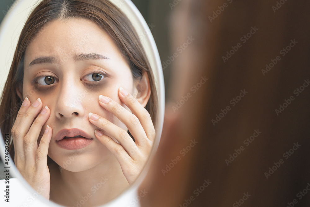 Bored, insomnia asian young woman, girl looking at mirror hand touching ...