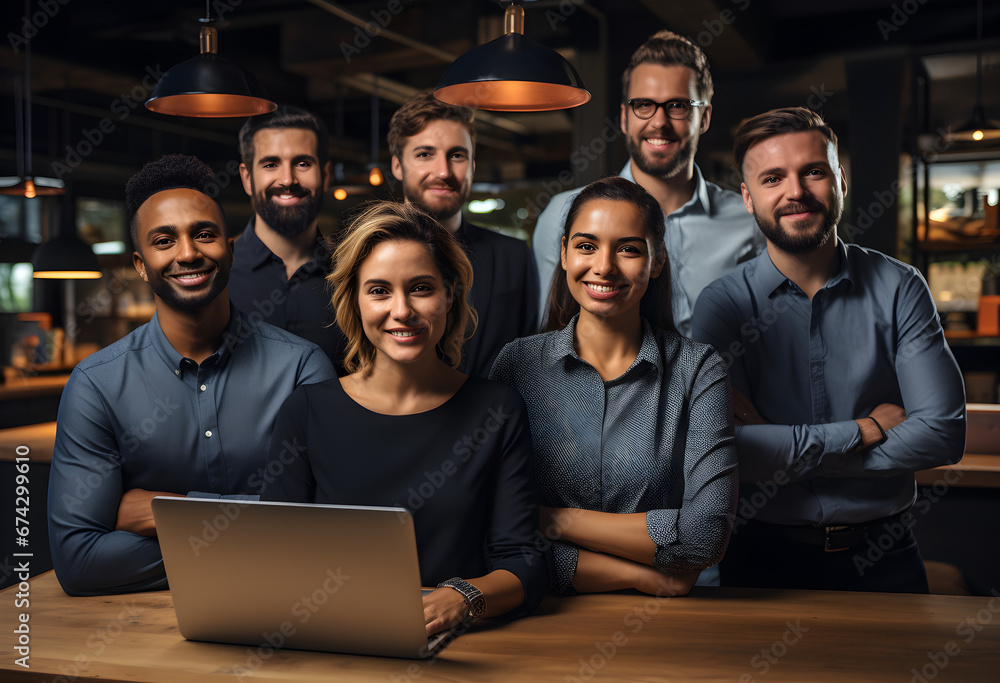 A diverse team of professionals in a modern office, displaying their ...