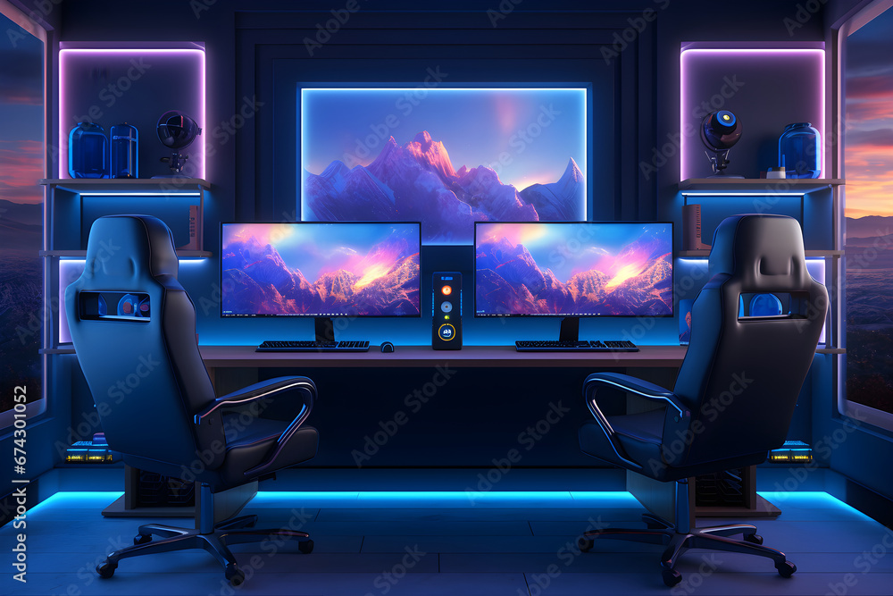 Gamer, programmer room with multiple computer monitors on desk gaming ...