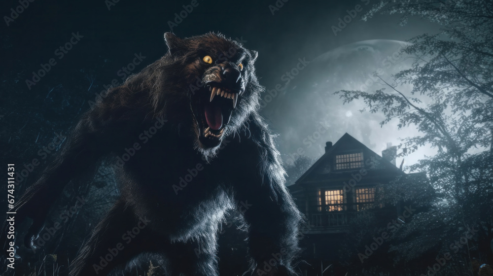 a Hairy werewolf growling in the moonlight over a full moon shining on ...