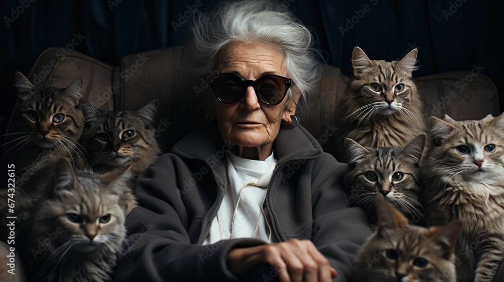 Crazy old granny in glasses, cat lady sitting in a chair in cloak, with ...