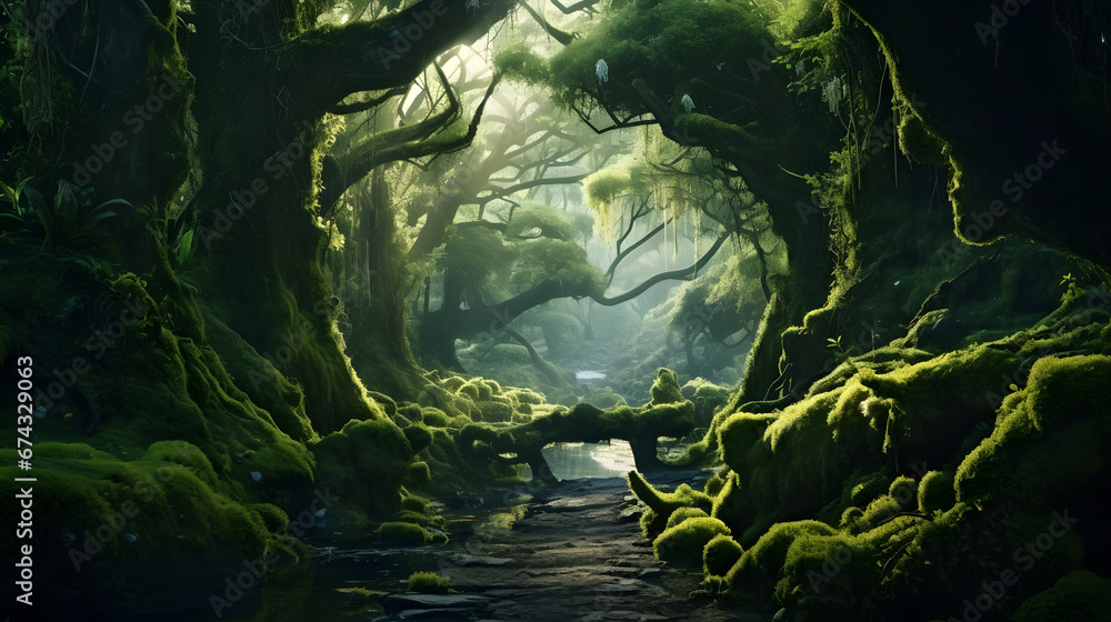 Moss-covered enchanted forest, where sunlight filters through the ancient trees, creating a ...