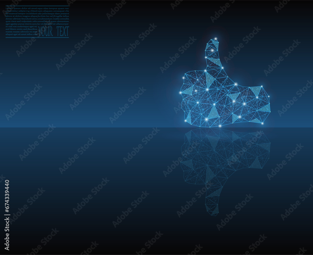 Thumb up made up of lines and dots with mirror reflection. Thumb on a ...