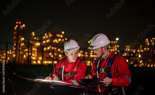 Engineer survey team wear uniform and helmet stand workplace checking ...