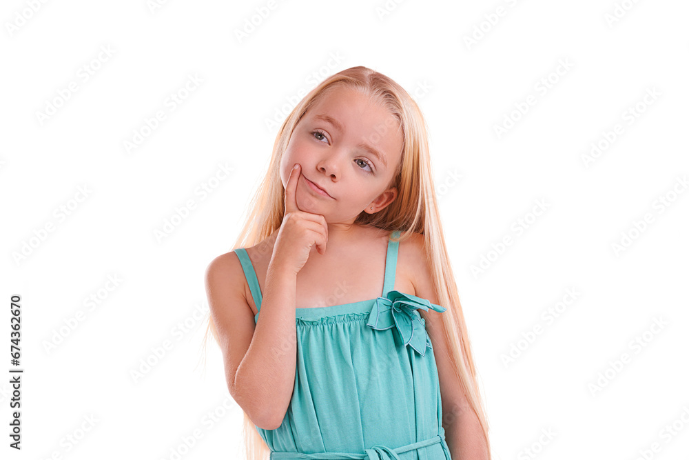 Thinking, face and girl child brainstorming on isolated, transparent or ...