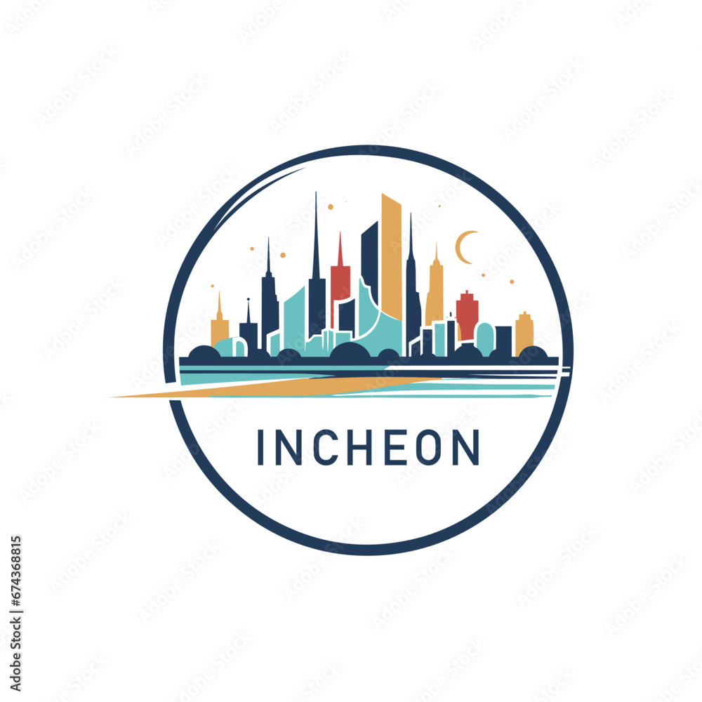 Incheon cityscape skyline city panorama vector flat modern logo icon ...