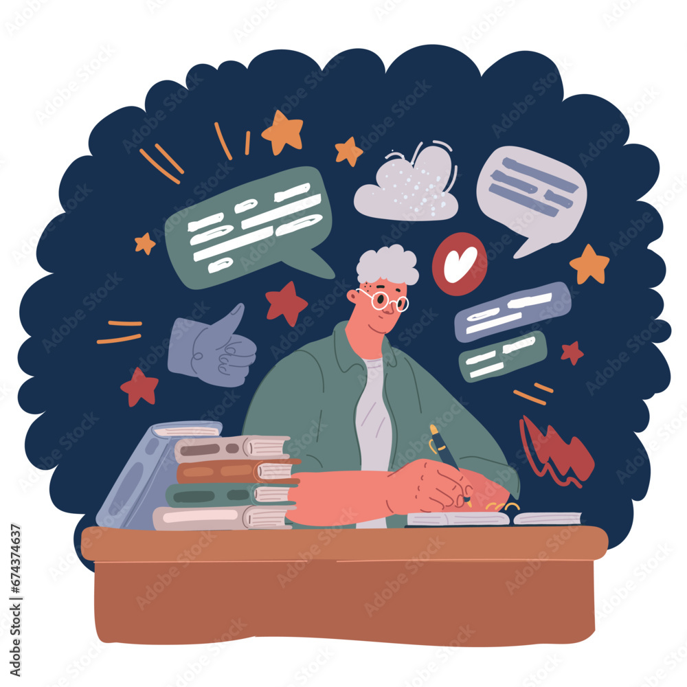 Cartoon vector illustration of Focused millennial studying or working ...