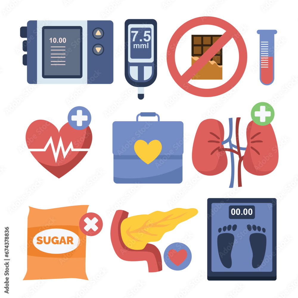 Diabetes flat vector elements set. Diabetes equipment icon collection ...