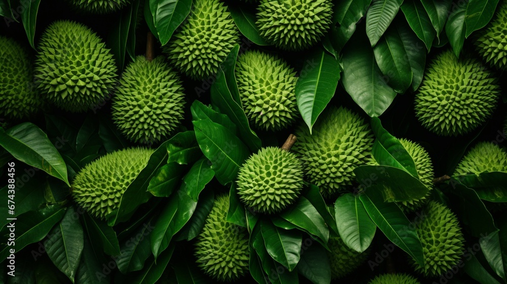 A Durian-themed wallpaper with lush green Durian leaves and the iconic ...