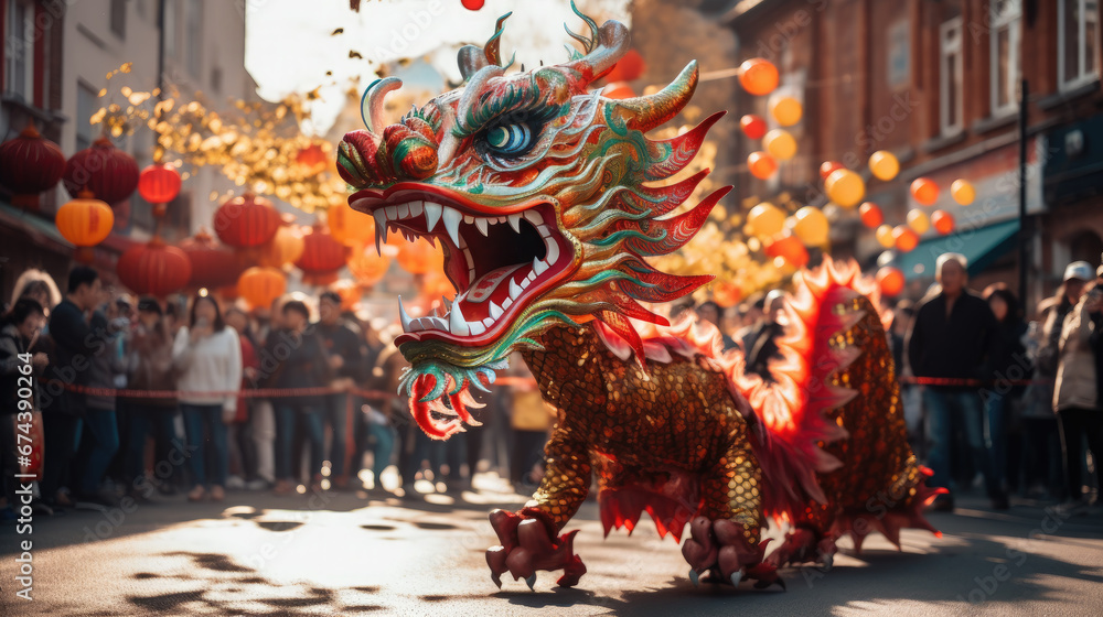chinese new year, street festival, red dragon, life-size puppet ...