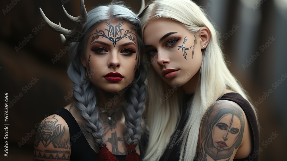 Beautiful young long-haired girls with tattoos wearing fantasy costumes ...