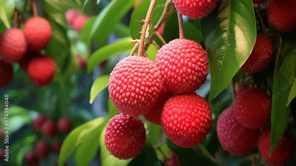 A montage of lychee fruits in various stages of ripeness, from green to ...