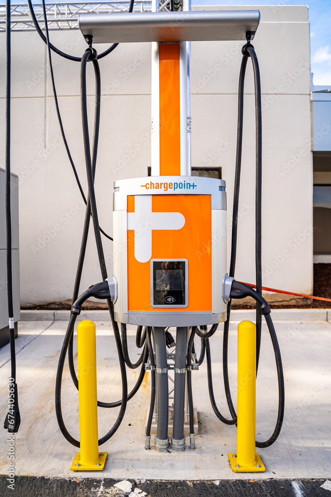 ChargePoint dual port EV electric vehicle charging station. Stock Photo ...