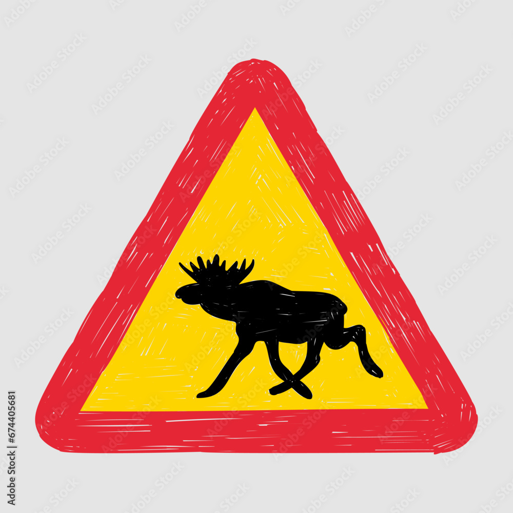 Warning for moose road sign in Sweden, Freehand sketch of triangular ...