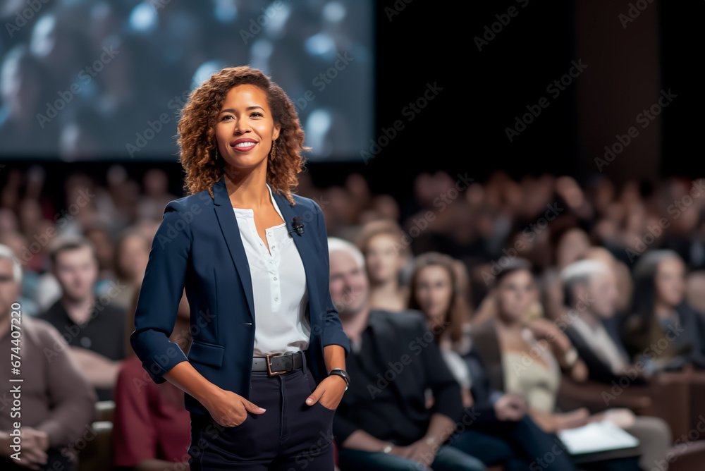 Female keynote speaker or influencer holding a motivational ...