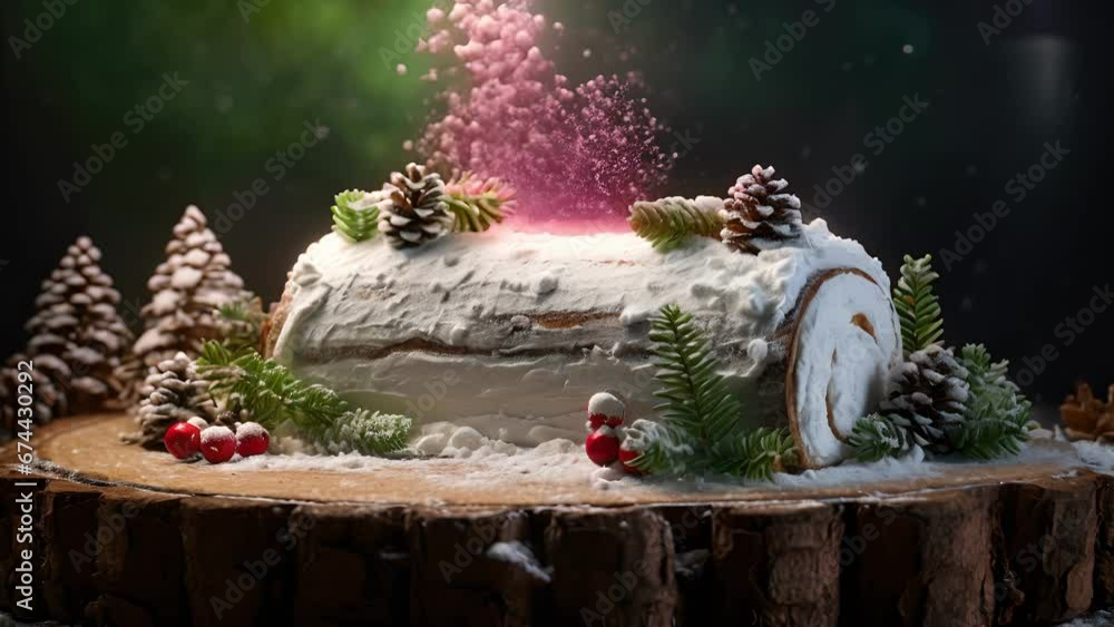 A homemade Yule log cake decorated with meringue mushrooms, holly ...