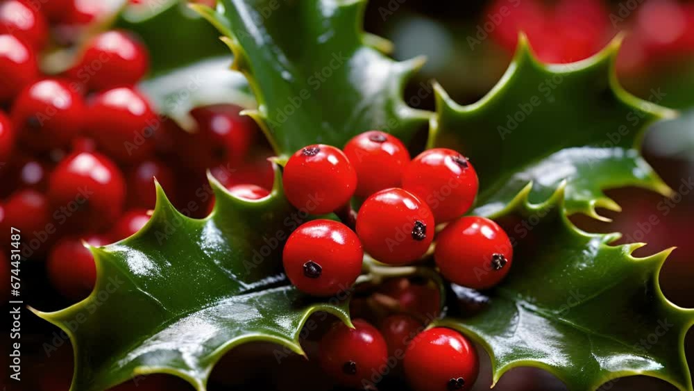 A bough of glossy dark green holly leaves, with deep red berries ...