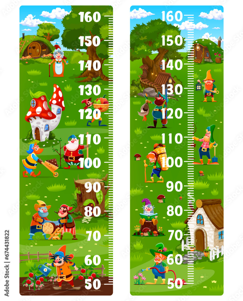Kids height chart ruler. Cartoon fairytail gnomes at village vector ...