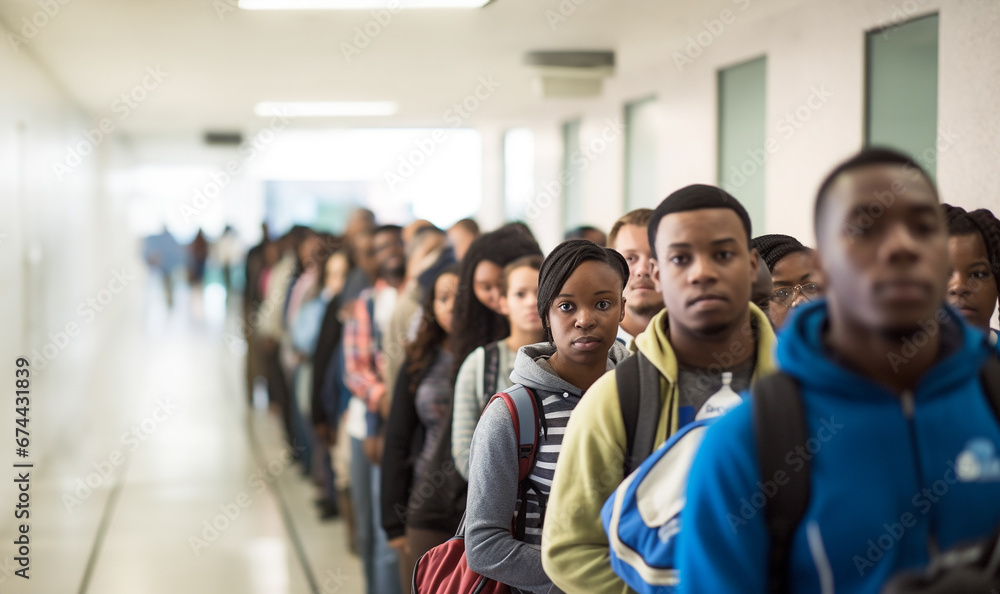 Big queue. Many, multitude people waiting in long line, back view ...