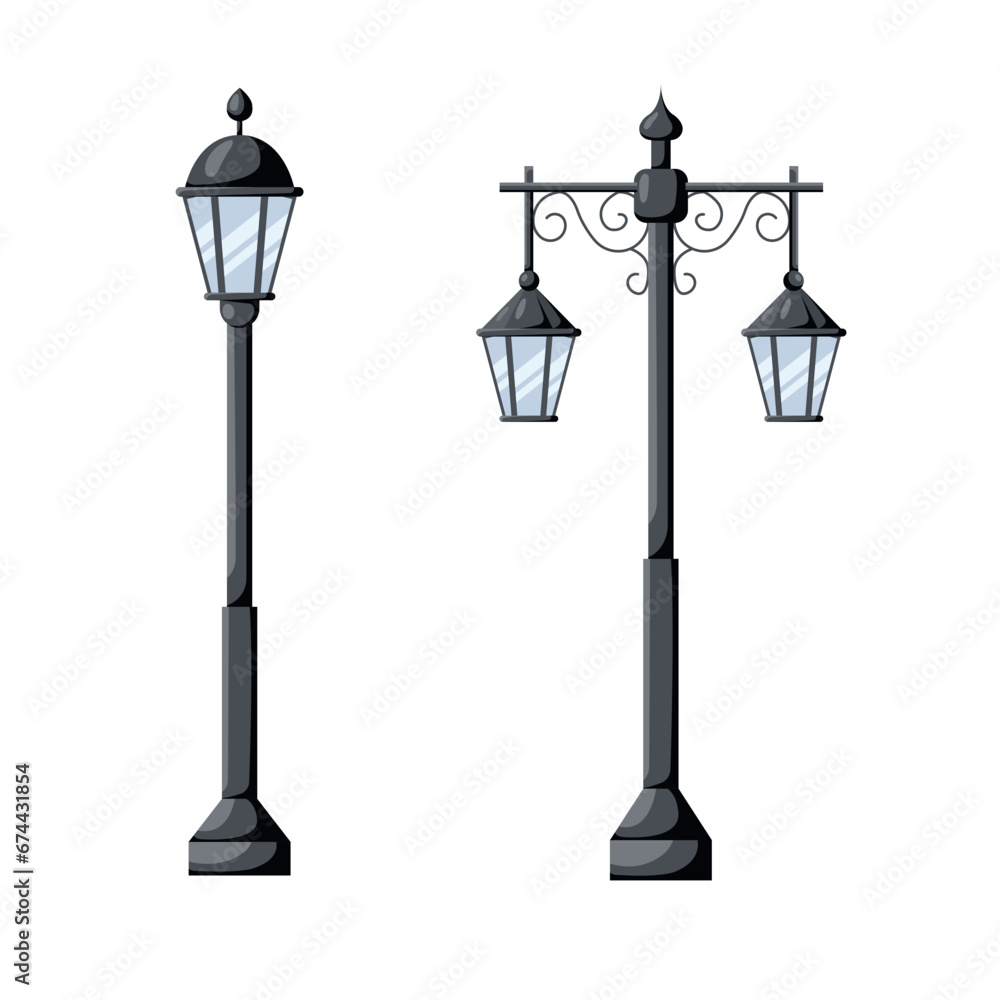 Set of vintage street lamps in cartoon style. Vector illustration of ...