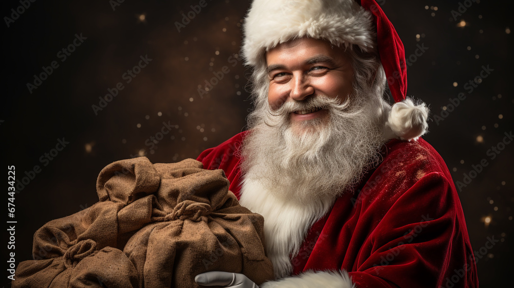 funky fat santa claus hold gift wish bag travel around world on ...