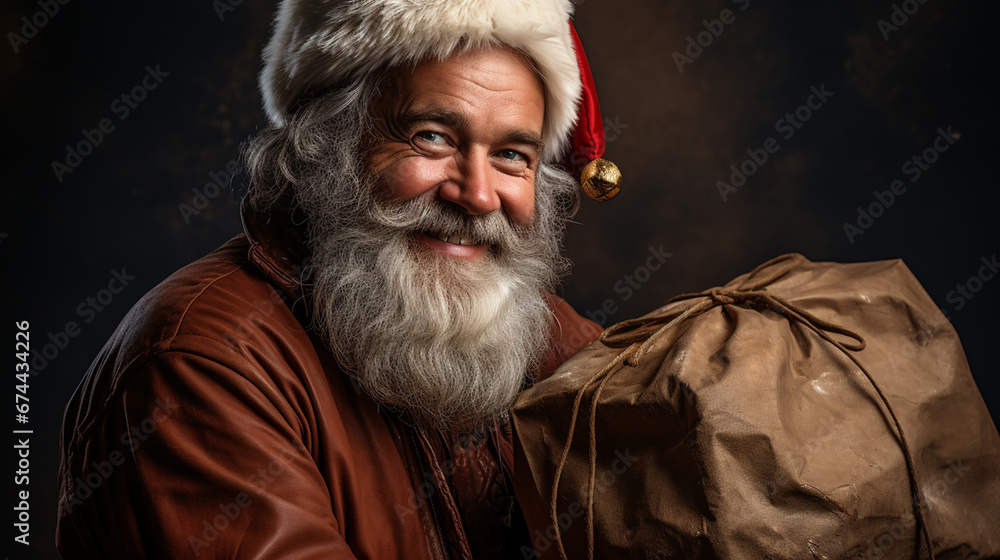 funky fat santa claus hold gift wish bag travel around world on ...
