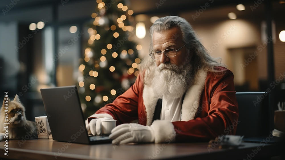 Santa Work space with Laptop, Gift Boxes, Tea, World Map, Shelf . Merry ...