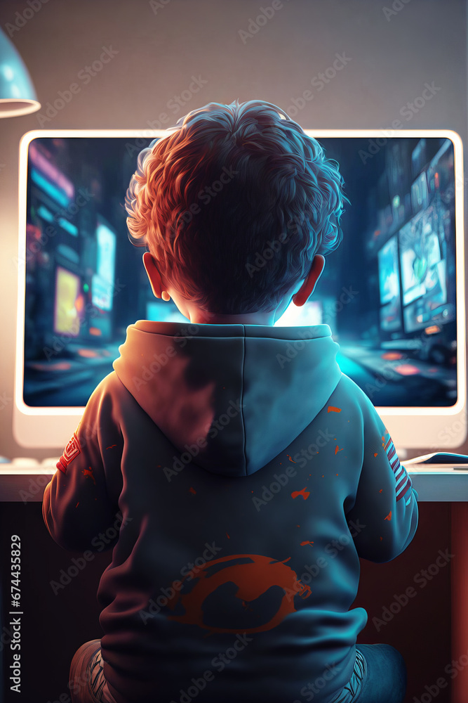 Kid playing video games in his room. Back view of a child sitting in ...