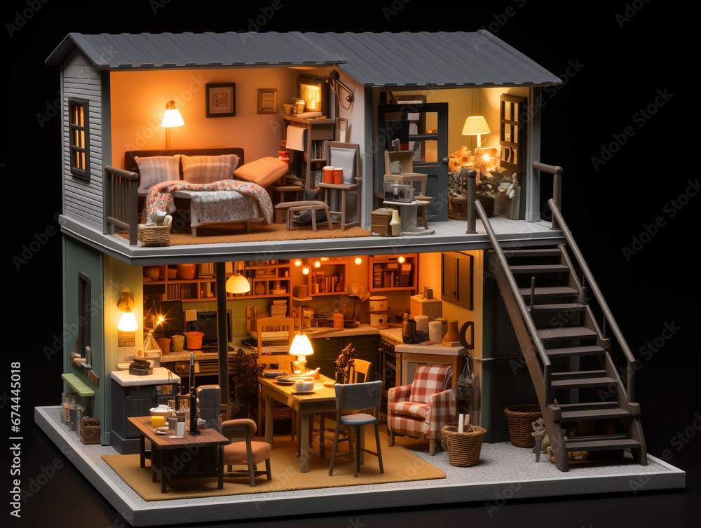 miniature wooden house. A well-appointed model house with a warm feel ...