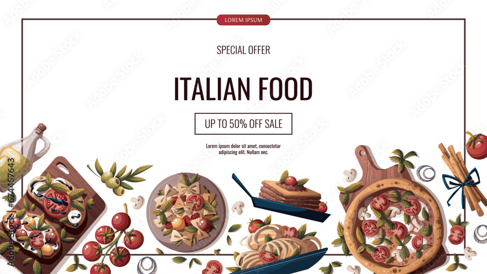 Flyer design with Italian pizza, pasta, bruschetta, lasagna, olive oil ...