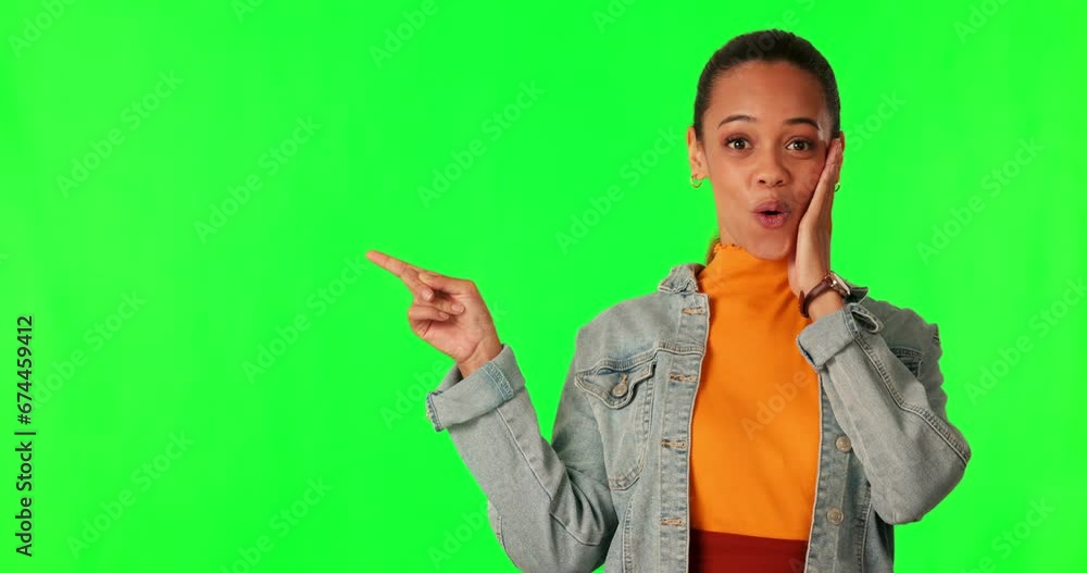 Green screen, mockup or woman surprise, pointing and looking at promo notification, news ...