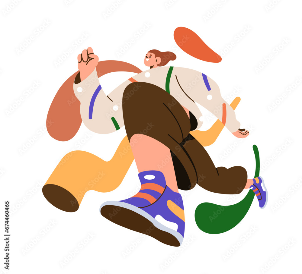 Happy young woman jumping with joy, fun. Active energetic excited girl ...