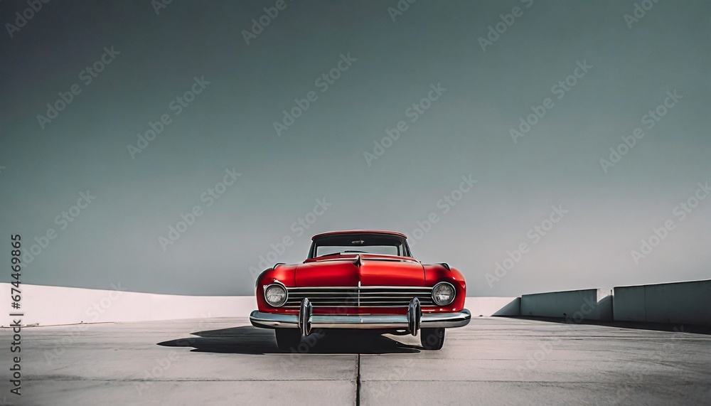 red classic car facing the camera, minimalist, deadpan, banal, cool ...