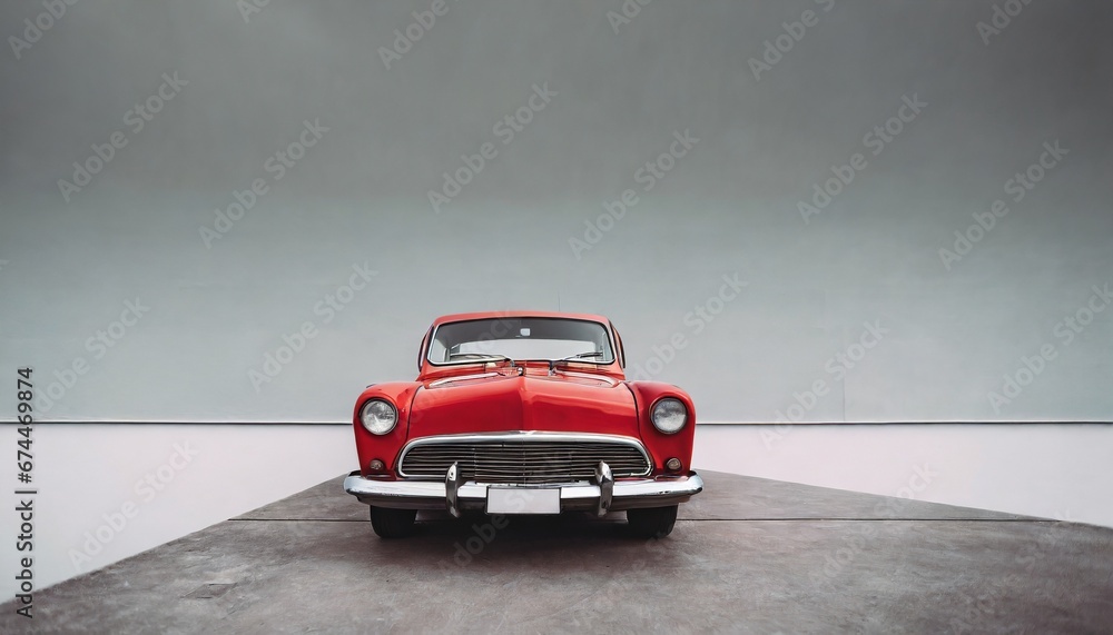 red classic car facing the camera, minimalist, deadpan, banal, cool ...