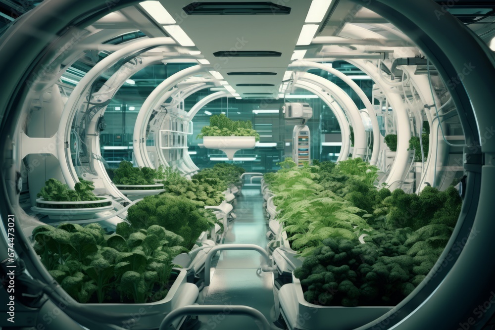 Lunar hydroponic farm ecosystem showcasing diverse plant growth phases ...