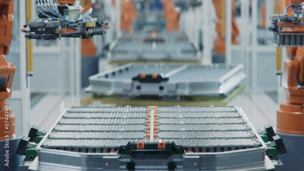 Close-up of Automated Production Line with Orange Robotic Arms. Time-lapse of EV Battery Pack ...