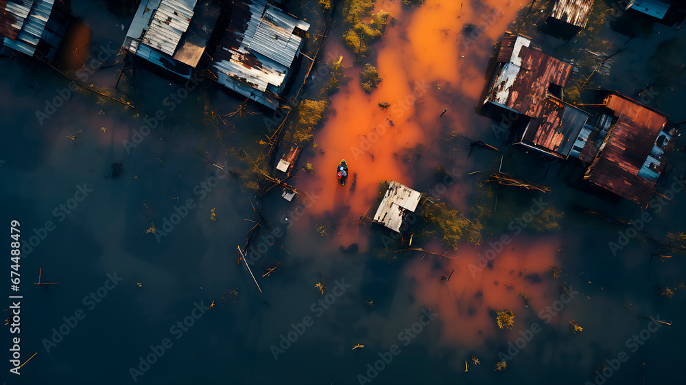 ecological problems related to flooding, a bird's-eye view from a drone ...