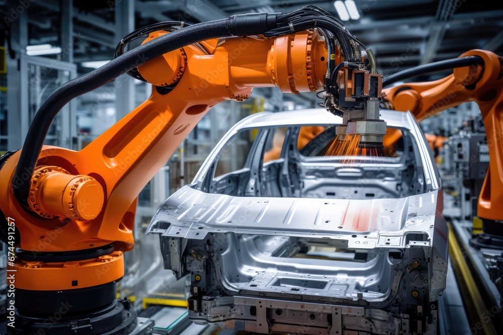 Technological Automation In Car Manufacturing Factory. Сoncept ...