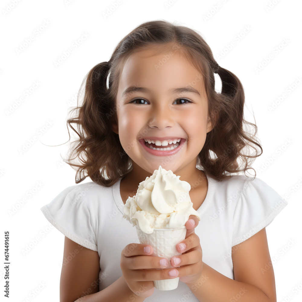 Smiling cute girl eating ice cream, isolated on white or transparent ...