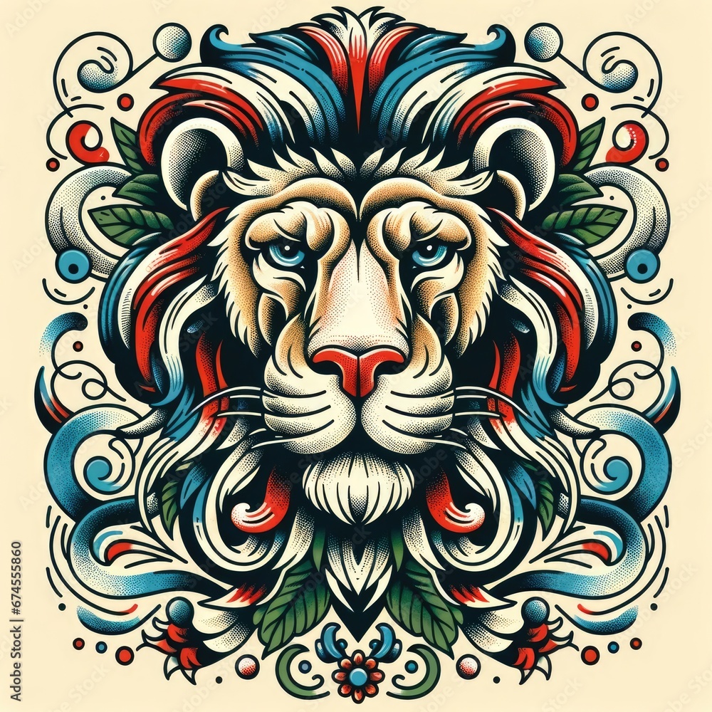 Vintage Old School Lion Tattoo Illustration - Classic Tattoo Art Design ...