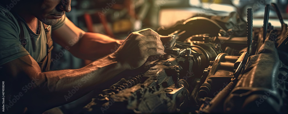 Car repairman working on breaking engine. Generative ai Stock Photo ...