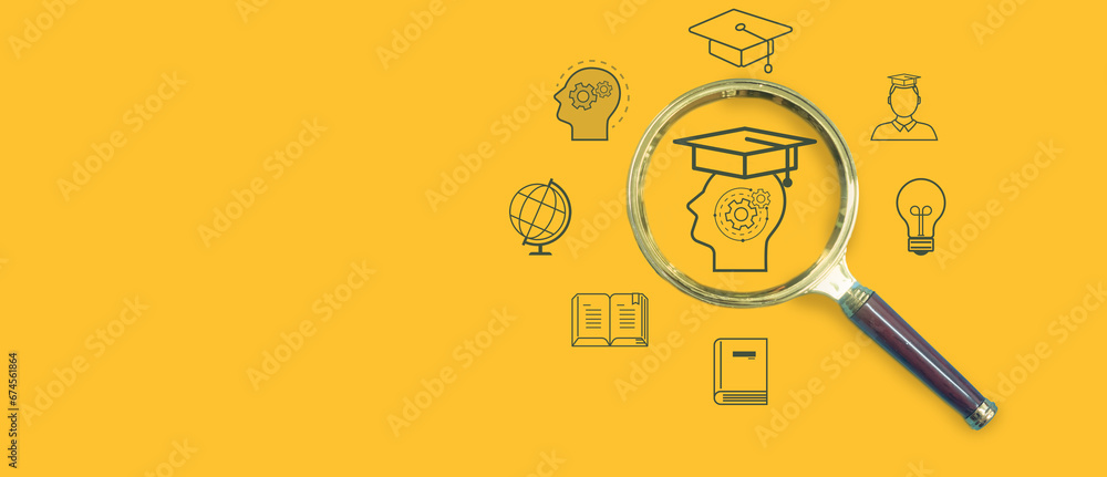 Magnifier with graduation hat learning and study online class webinar ...