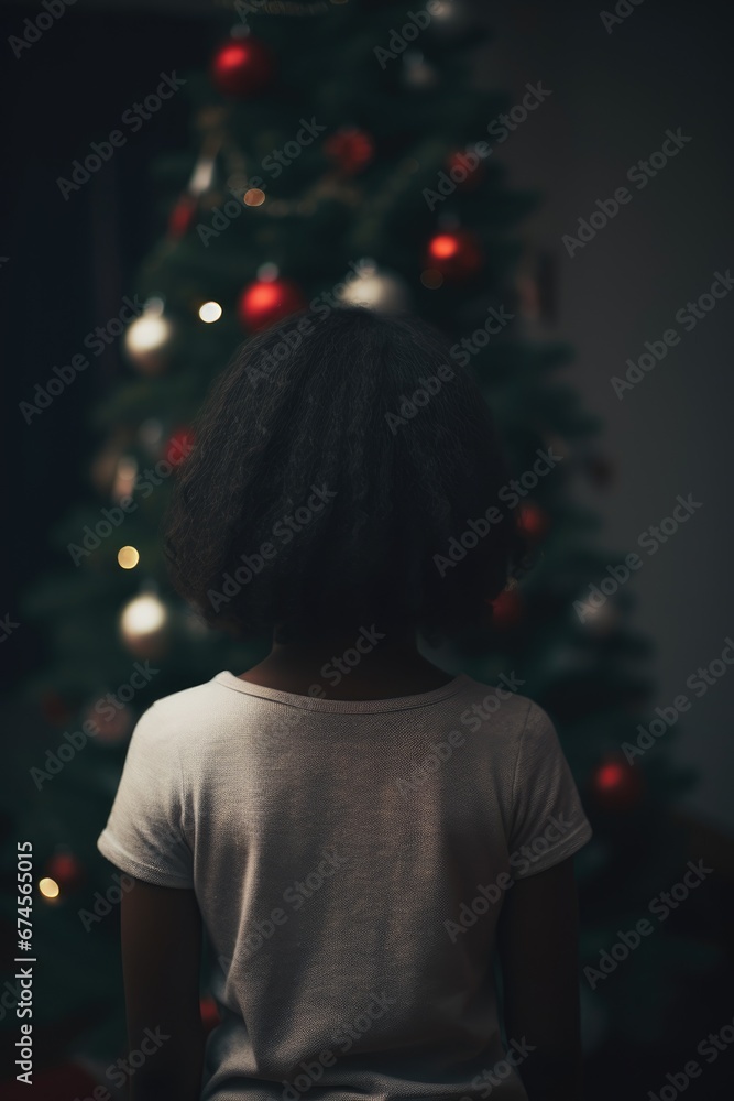 African american girl child - back view - Christmas tree Stock Photo ...