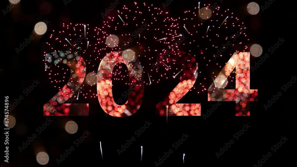 4K. loop seamless of firework of year 2024 greeting during new year eve ...
