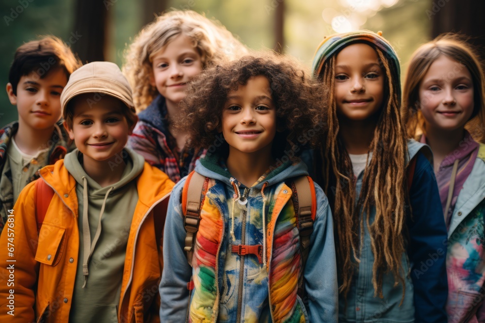 Group portrait of cheerful smiling multiethnic children with backpacks ...