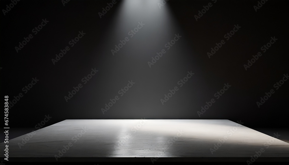 Empty studio. Black background. White table with spotlight. Minimalist ...